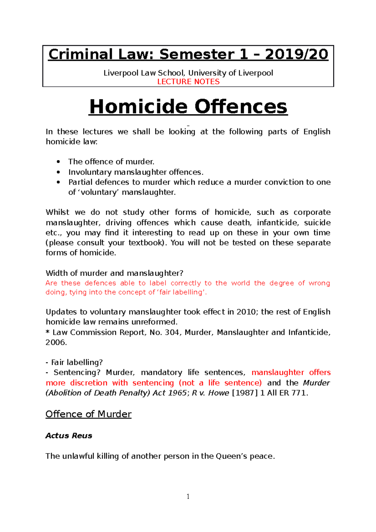 Homicide Offences - Lectures - Criminal Law: Semester 1 – 2019 ...