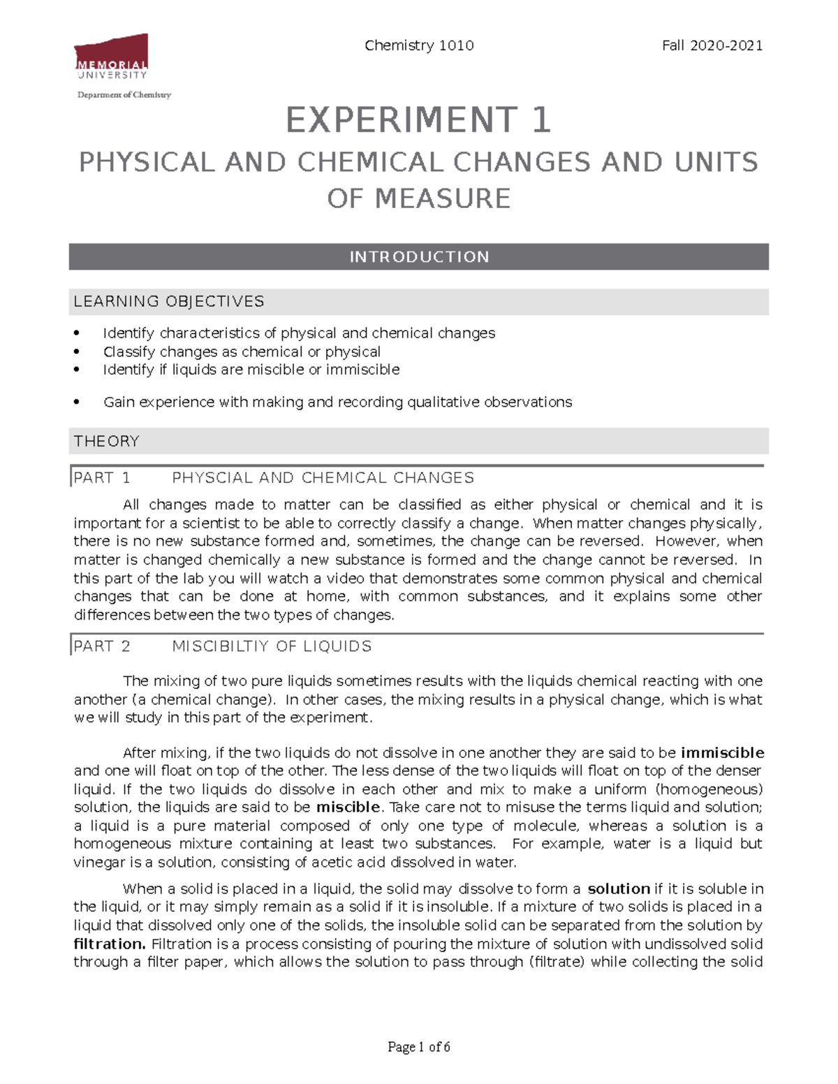 Lab 1 - Experimental (Chem 1010 Fall 2020) - Chemistry 1010 Fall 2020 ...