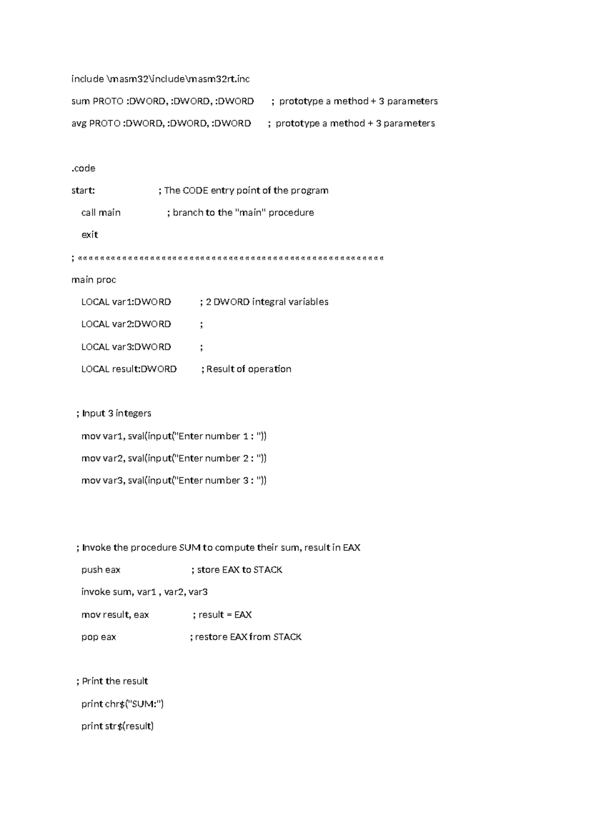 Masm 32 Source Tính Ab Include Masm32includemasm32rt Sum Proto Dword Dword Dword