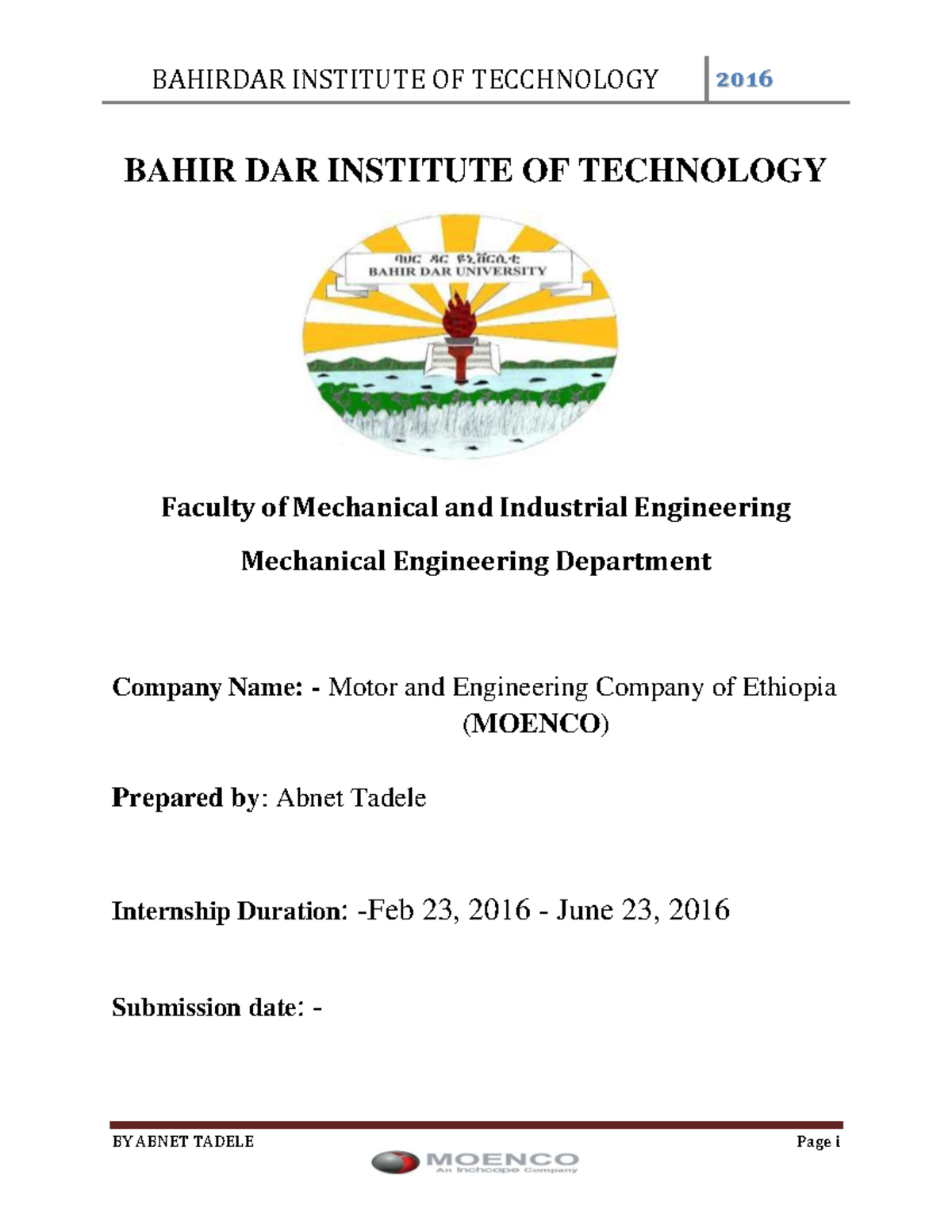 Abnet Tadele Final Project - BY ABNET TADELE Page i BAHIR DAR INSTITUTE ...