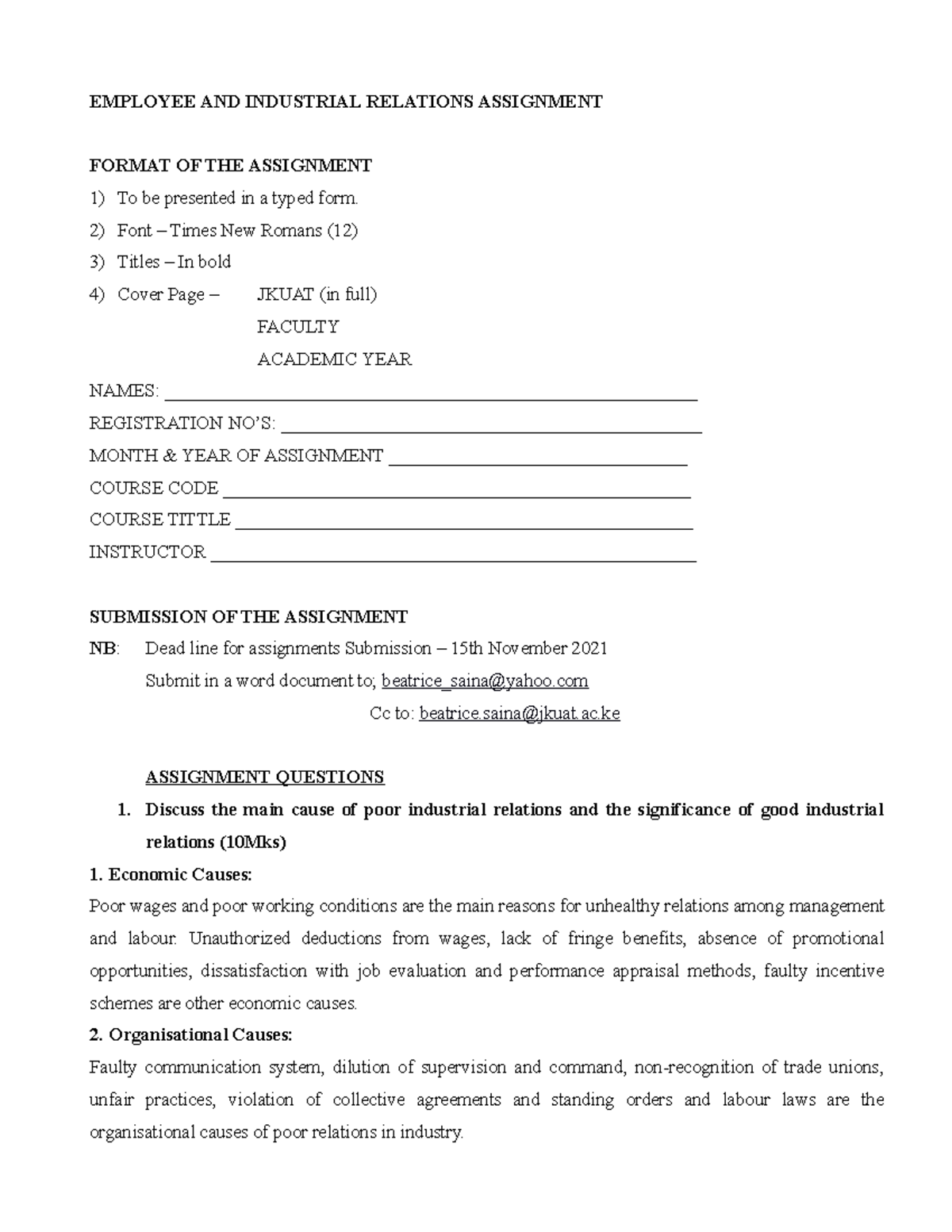 Employee AND Industrial Relations Assignment eeeeeeee - EMPLOYEE AND INDUSTRIAL RELATIONS ...