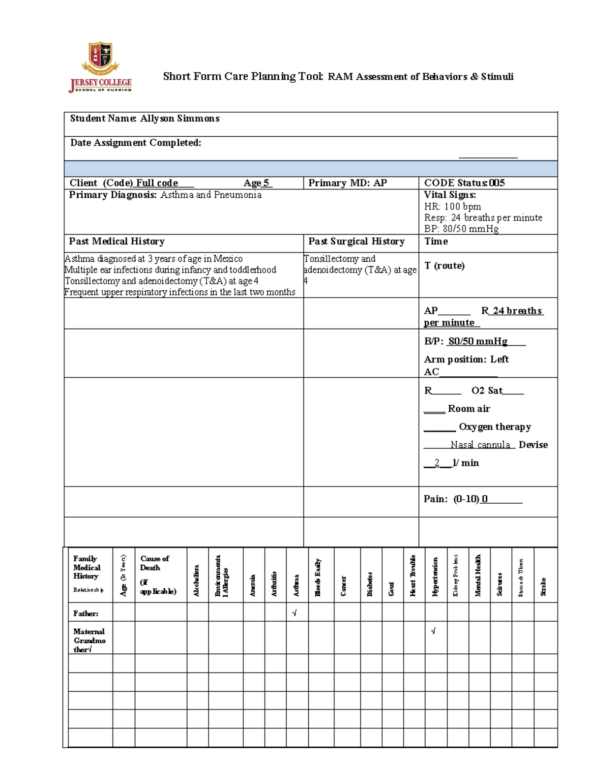 Updated Peds Careplan - Short Form Care Planning Tool: RAM Assessment ...