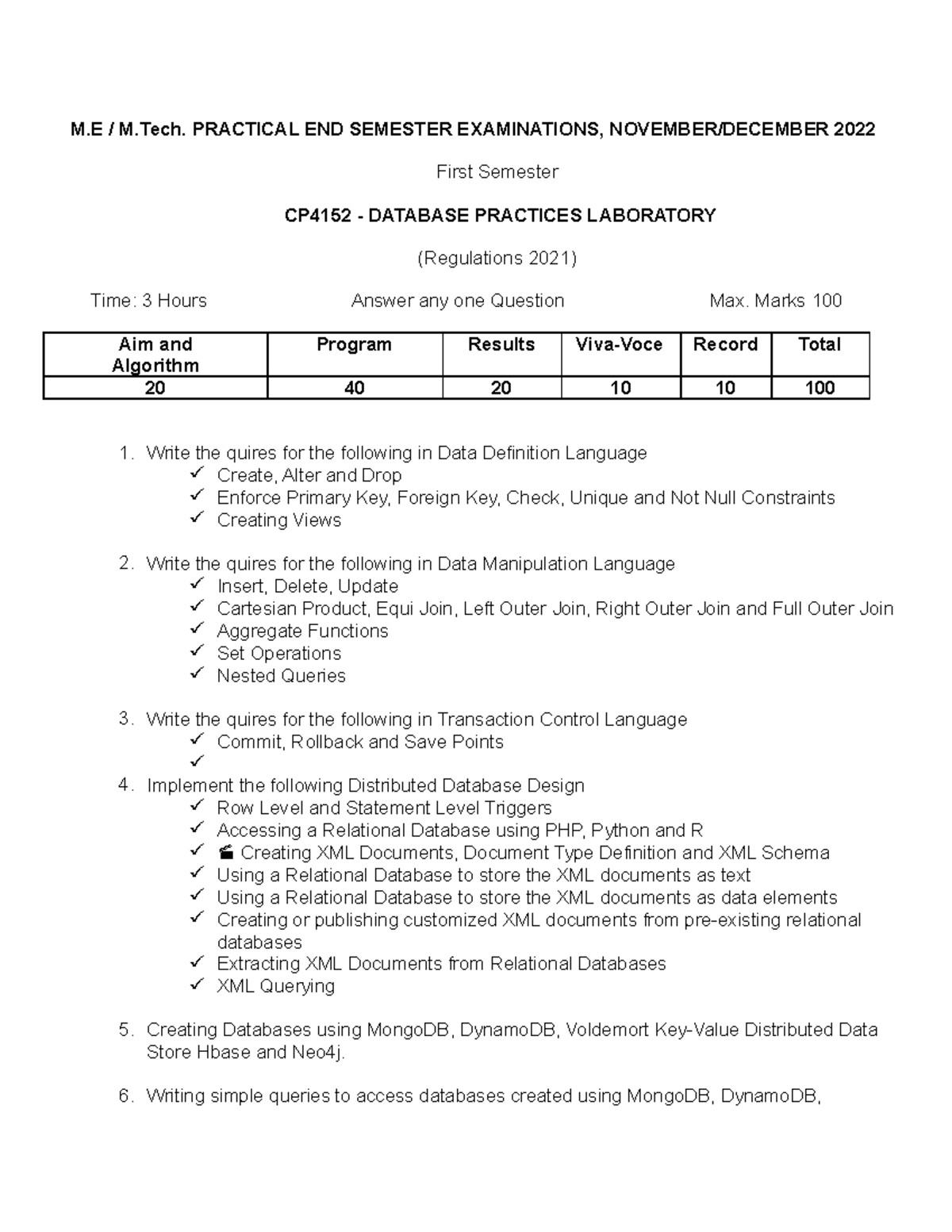 Database LAB ME - DBMS lab - M / M. PRACTICAL END SEMESTER EXAMINATIONS, NOVEMBER/DECEMBER 2022 ...