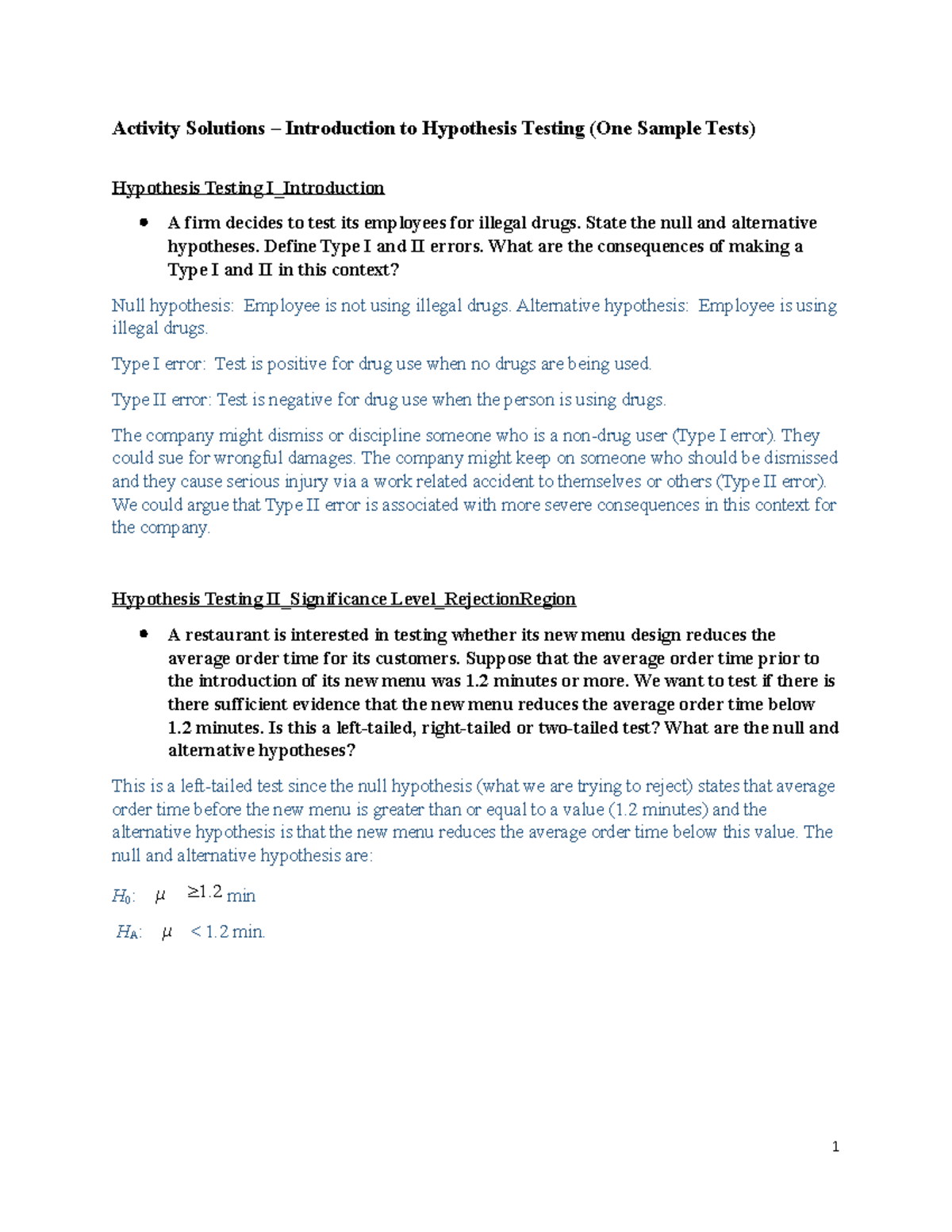 Solutions Introduction to Hypothesis Testing - Activity Solutions ...