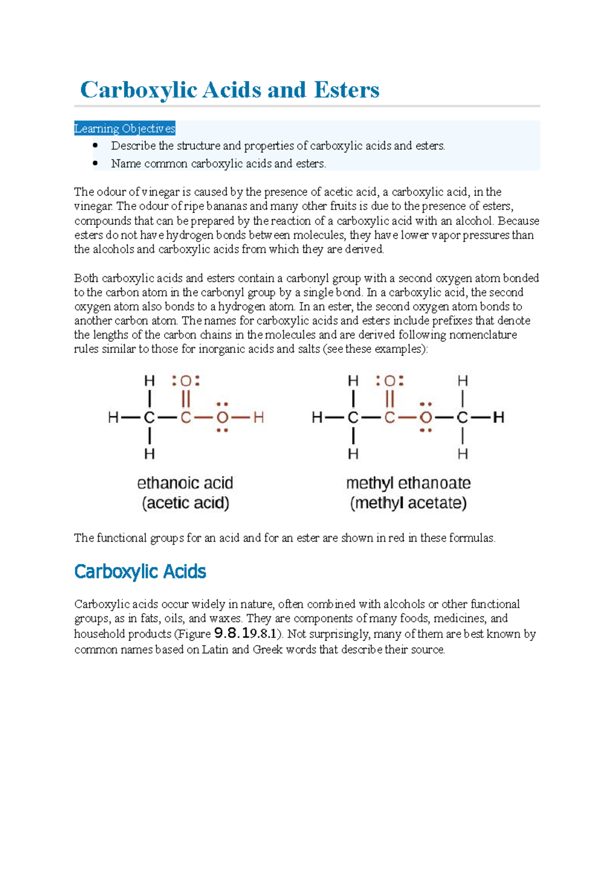Esters - notes - Carboxylic Acids and Esters Learning Objectives ...