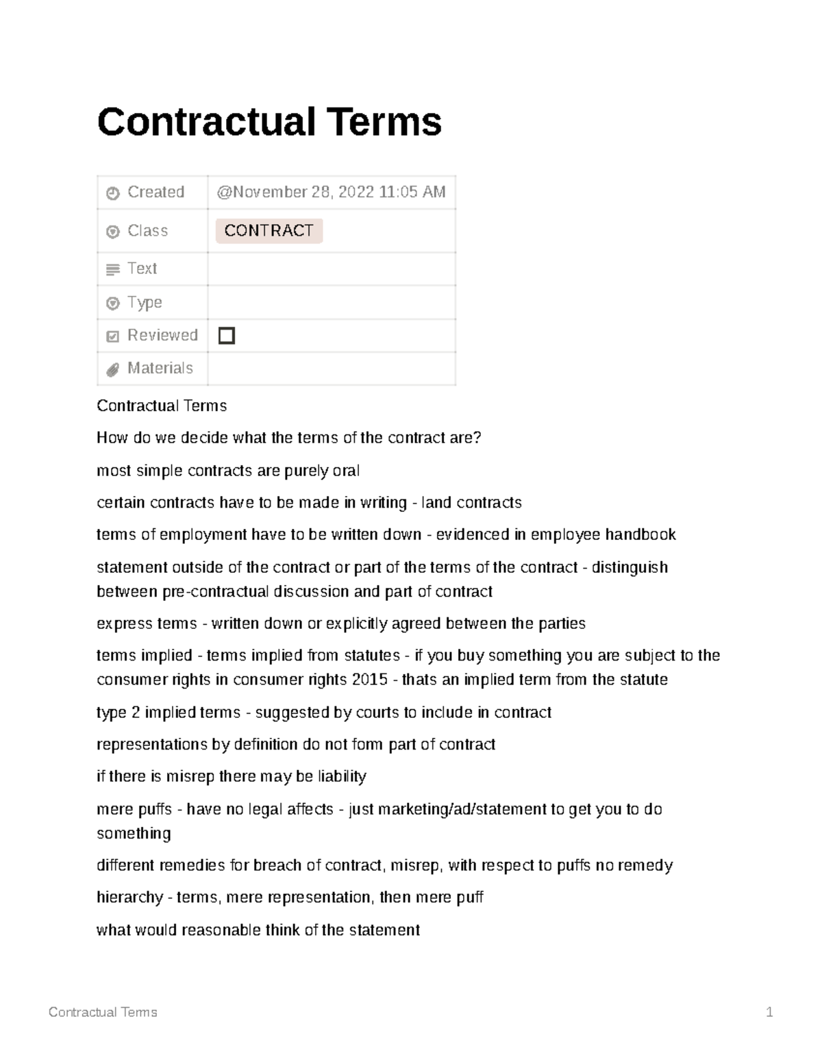 Contractual Terms - Contractual Terms Created Class CONTRACT Text Type ...