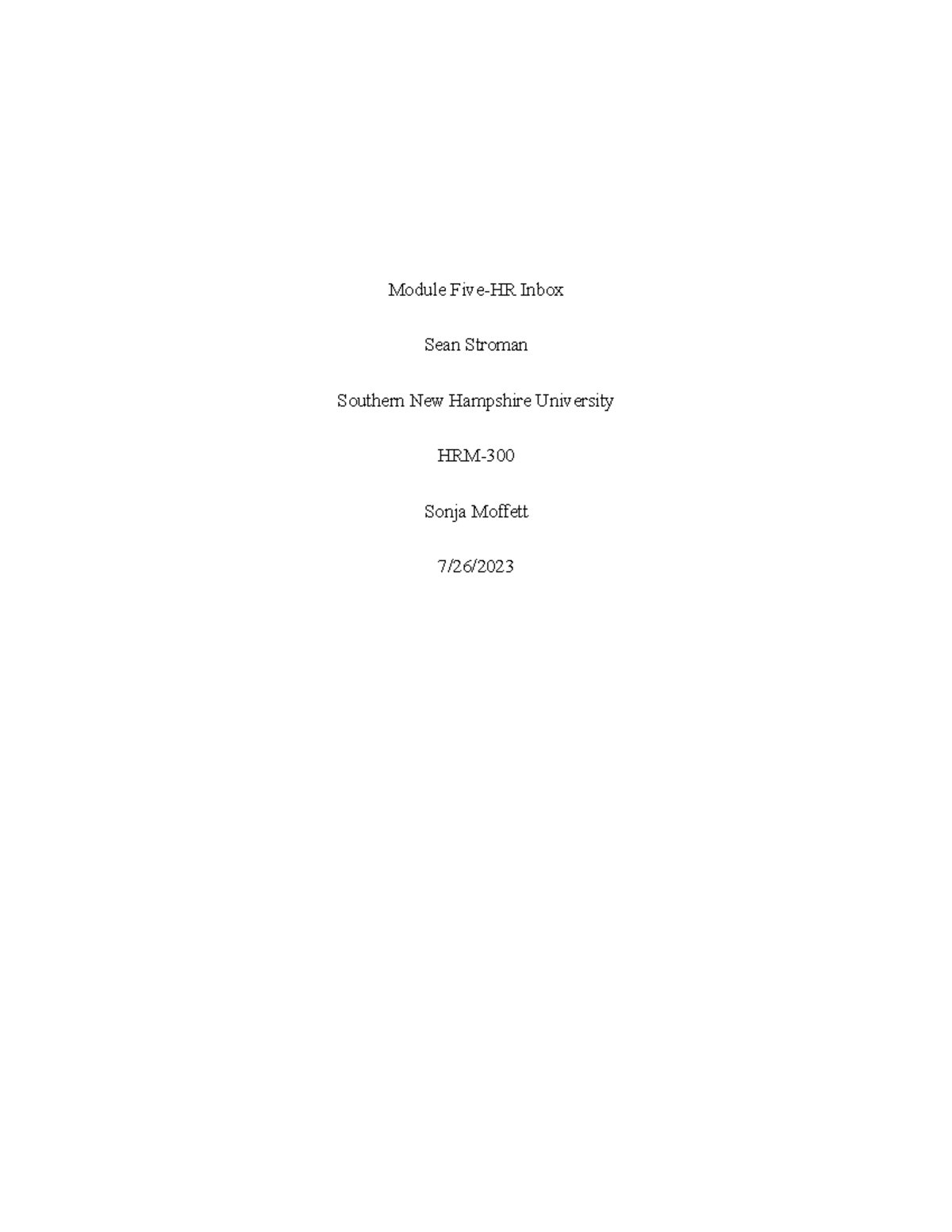 HR Inbox 5 - Module Five-HR Inbox Sean Stroman Southern New Hampshire ...