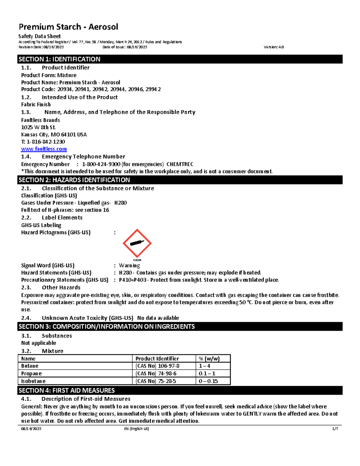 Faultless Premium Starch - Safety Data Sheet According To Federal ...