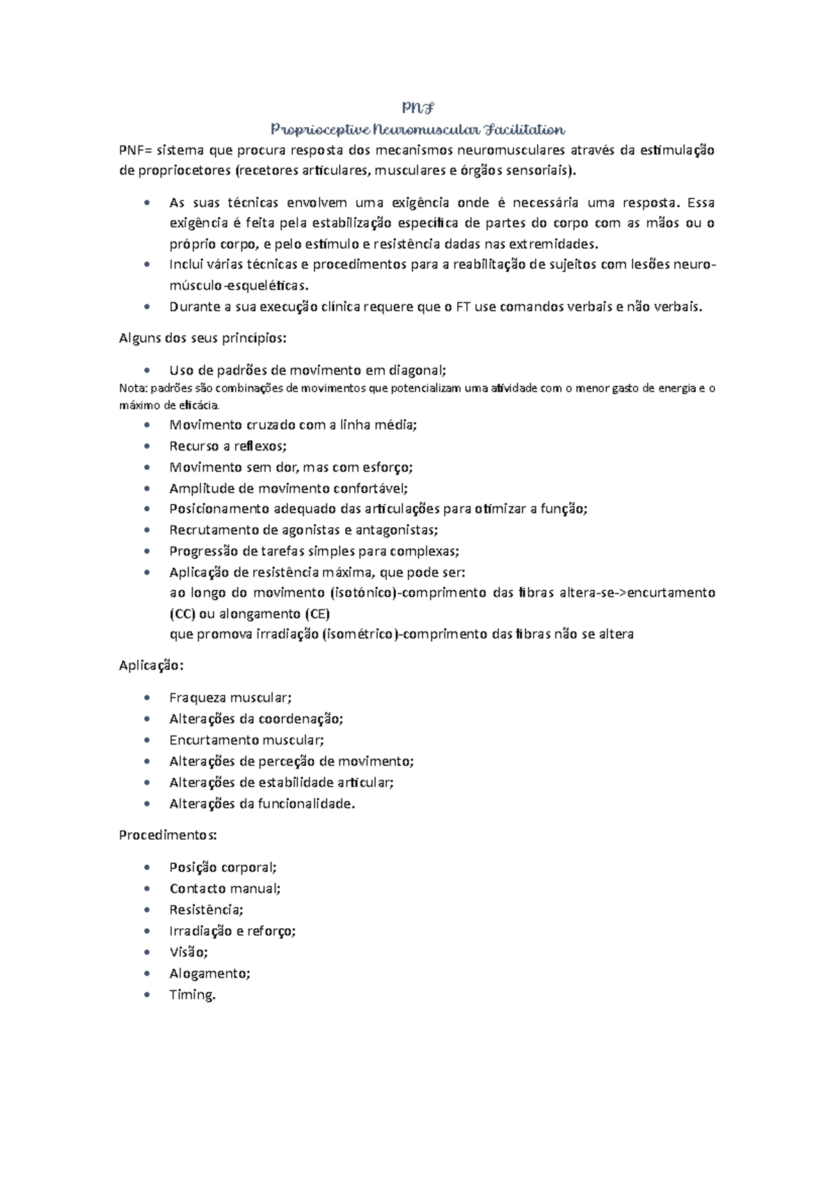 Resumos PNF - importante - PNF Proprioceptive Neuromuscular ...