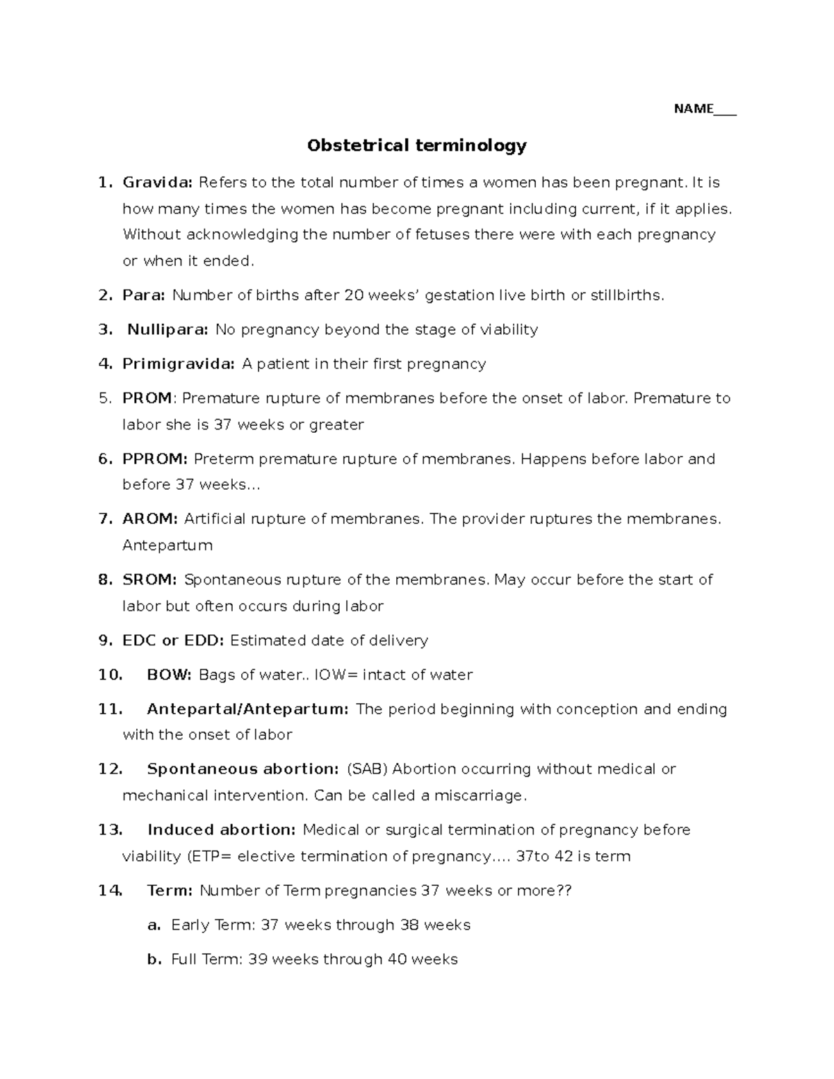Obstetrical Terminology Worksheet - NAME___ Obstetrical terminology ...