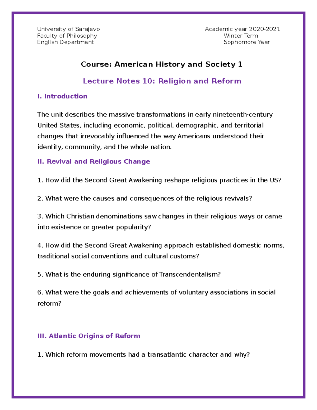 American History and Society 1 Unit 10 - University of SarajevoFaculty ...