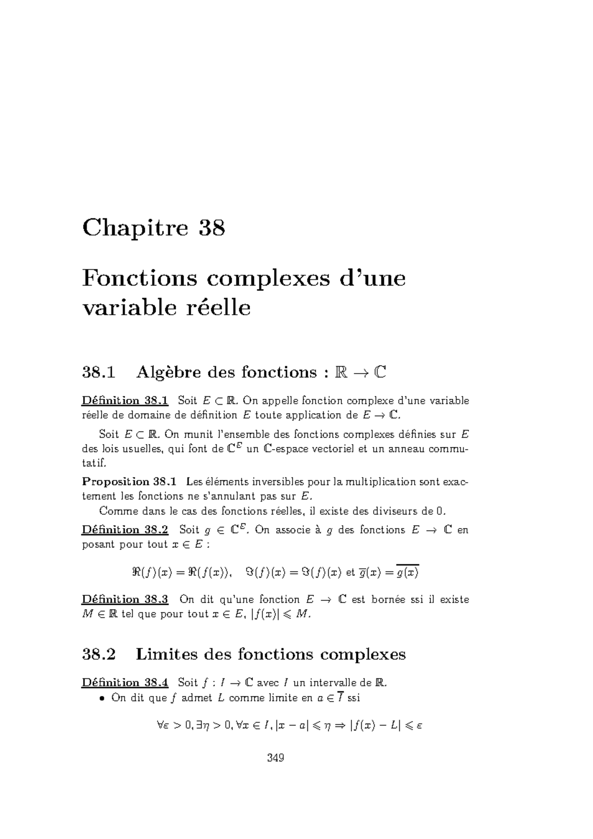 Maths mpsi-123 - Chapitre 38 Fonctions complexes d’une variable réelle 38 Algèbre des fonctions ...