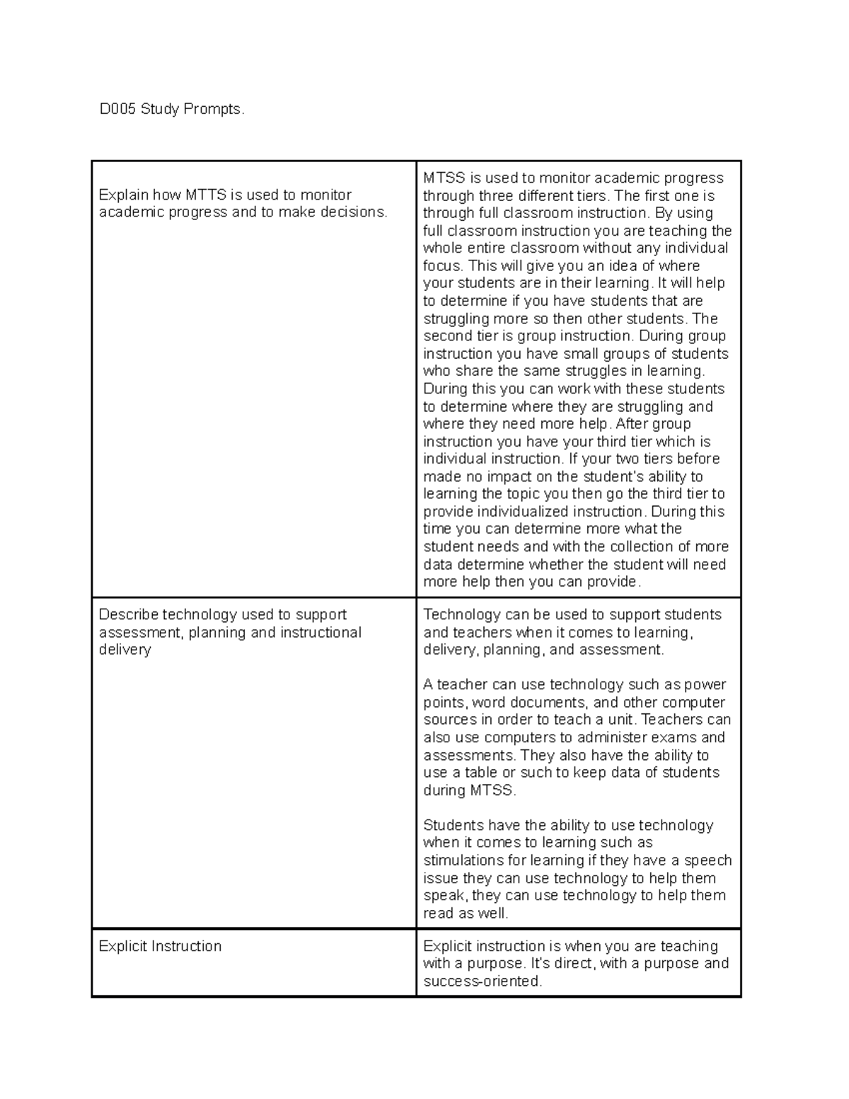 D005 Study Terms and Answers - D005 Study Prompts. Explain how MTTS is used to monitor academic ...