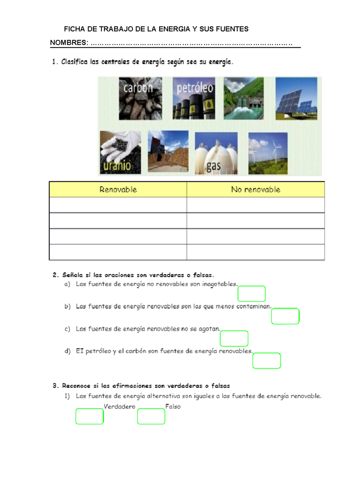 Ficha DE Trabajo DE LA Energia Y SUS Fuentes - Horario de estudios ...