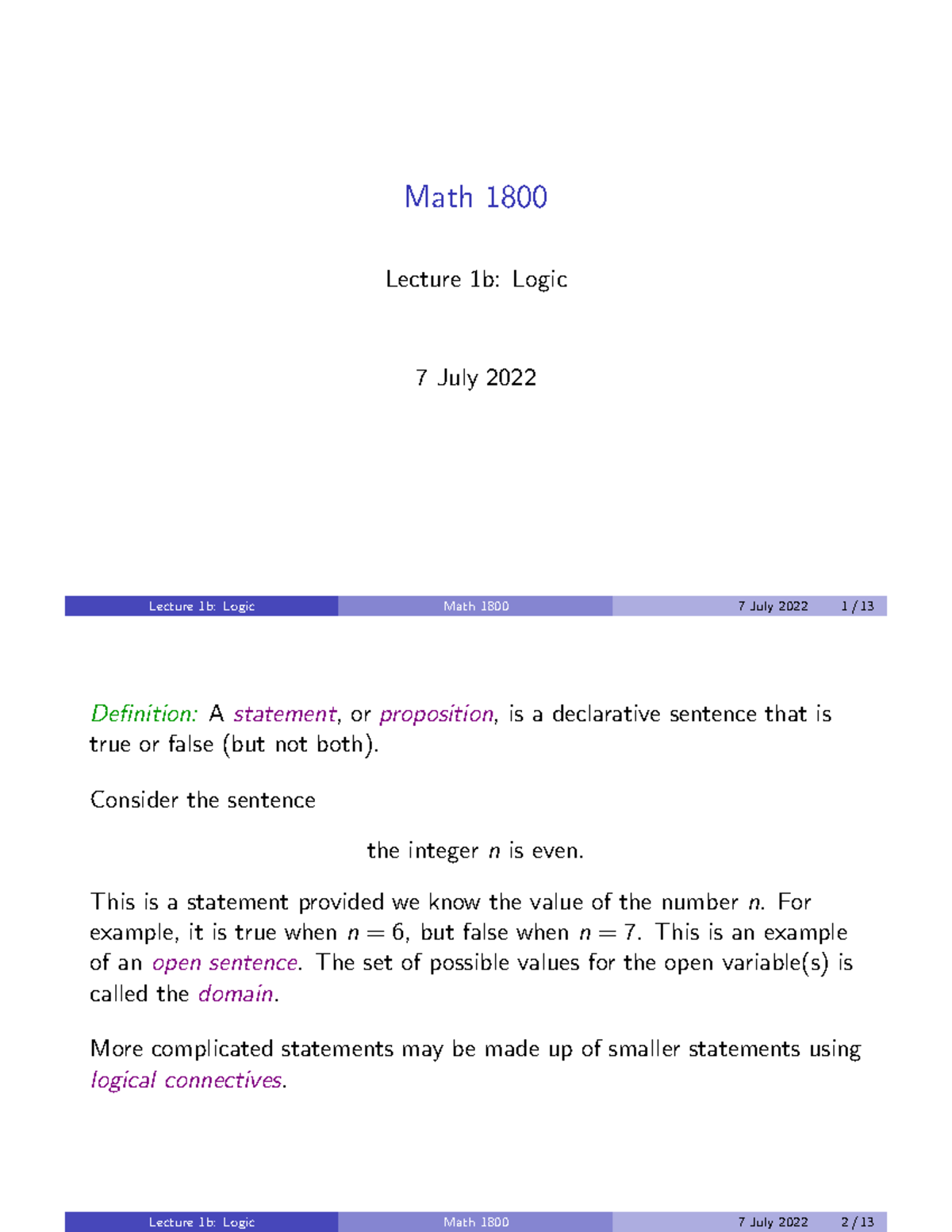 1800lecture 1bslidespost Math 1800 Lecture 1b Logic 7 July 2022 Lecture 1b Logic Math 1800 7