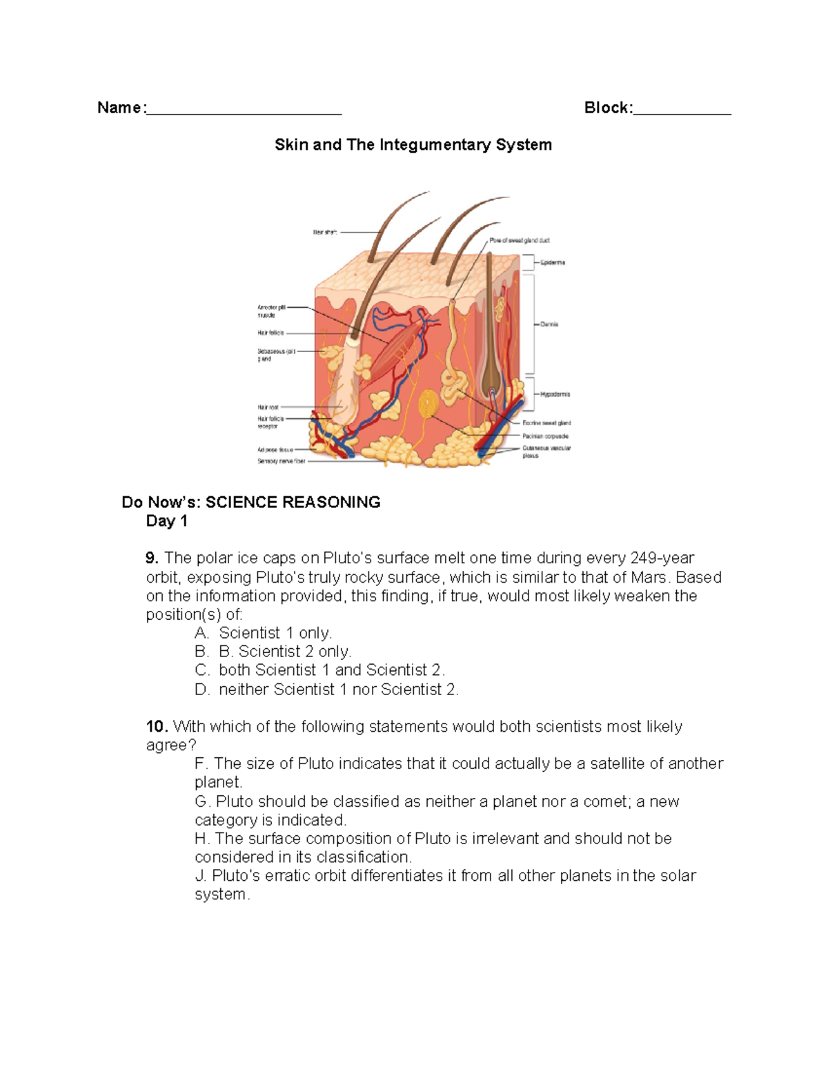 Chapter 6 Student Note Packet - Name: Block: Skin and The Integumentary ...