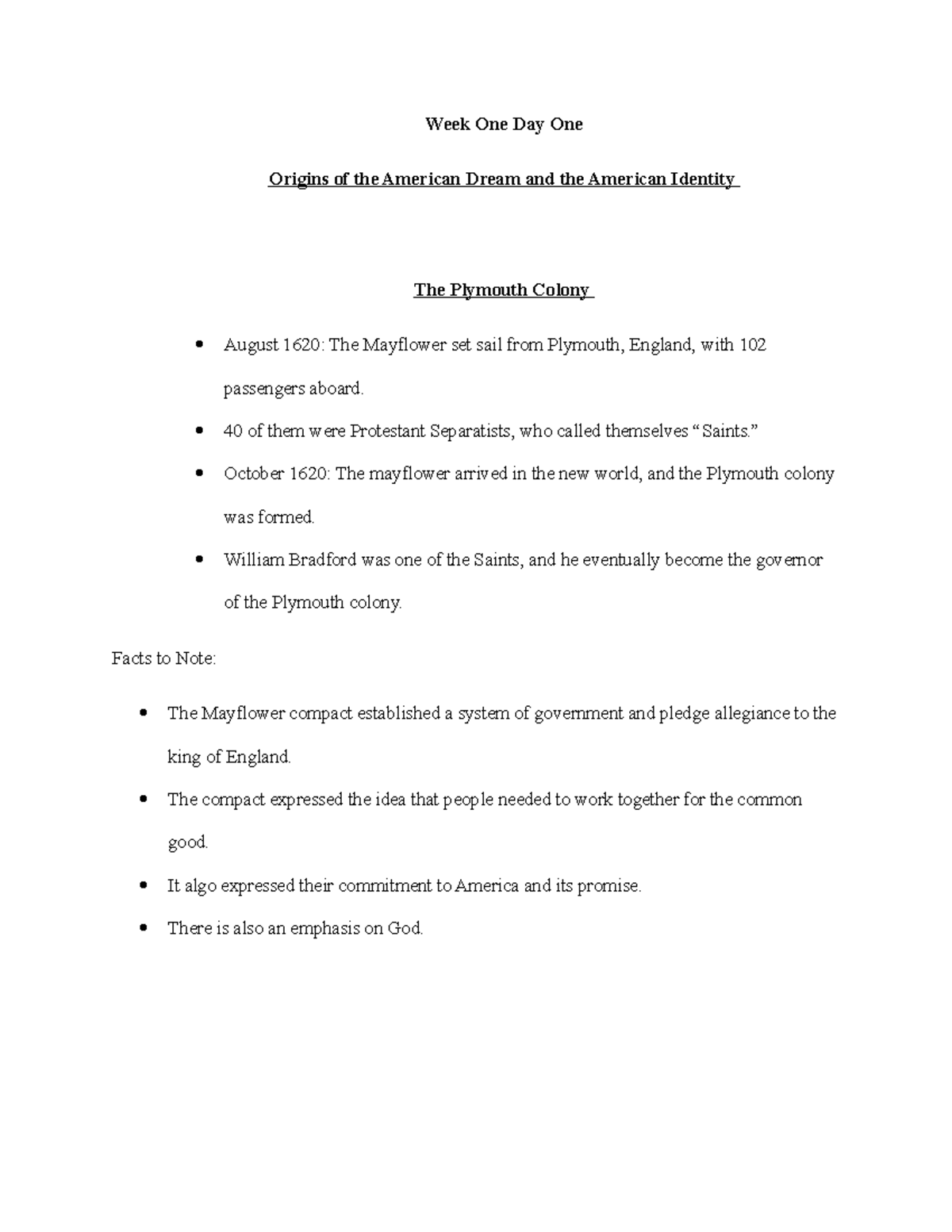 Week One Lecture - Week One Day One Origins of the American Dream and ...