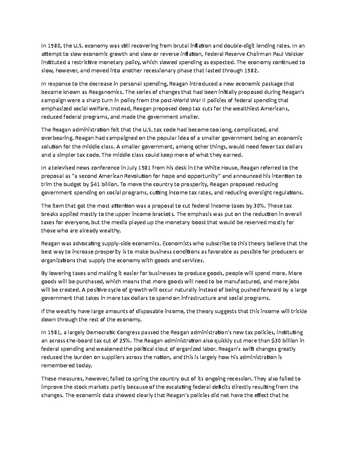 The Reagan Years - In 1980, the U. economy was still recovering from ...