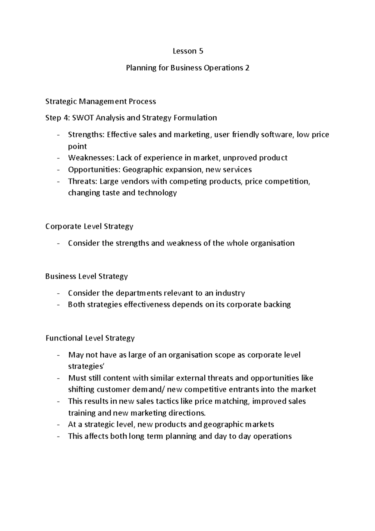 Lesson 5: Planning for Business Operations 2 - BE2601 - NTU - Studocu