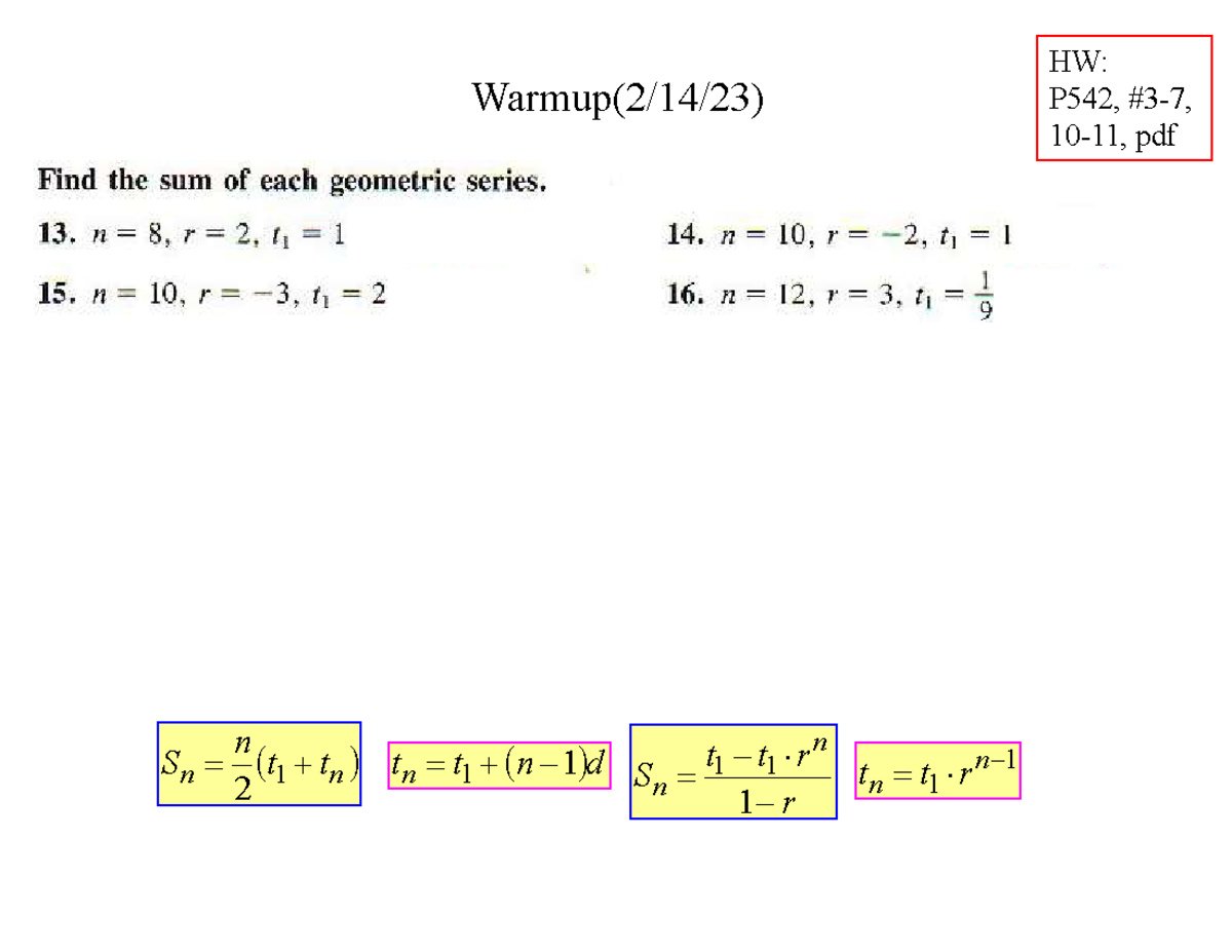 02 14 23A2T - jgh - Warmup(2/14/23) HW: P542, #3-7, 10-11, pdf n n ####### t t ####### n ...