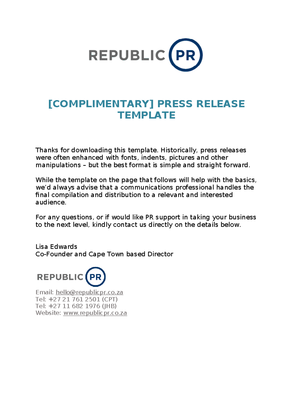 Complimentary Press Release Template - [COMPLIMENTARY] PRESS RELEASE ...