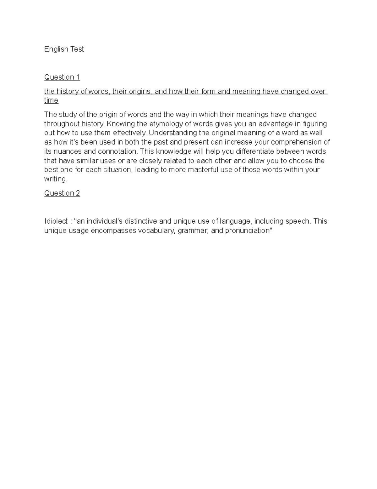 English Test - Notes for the test. Can be used for the exam. - English ...