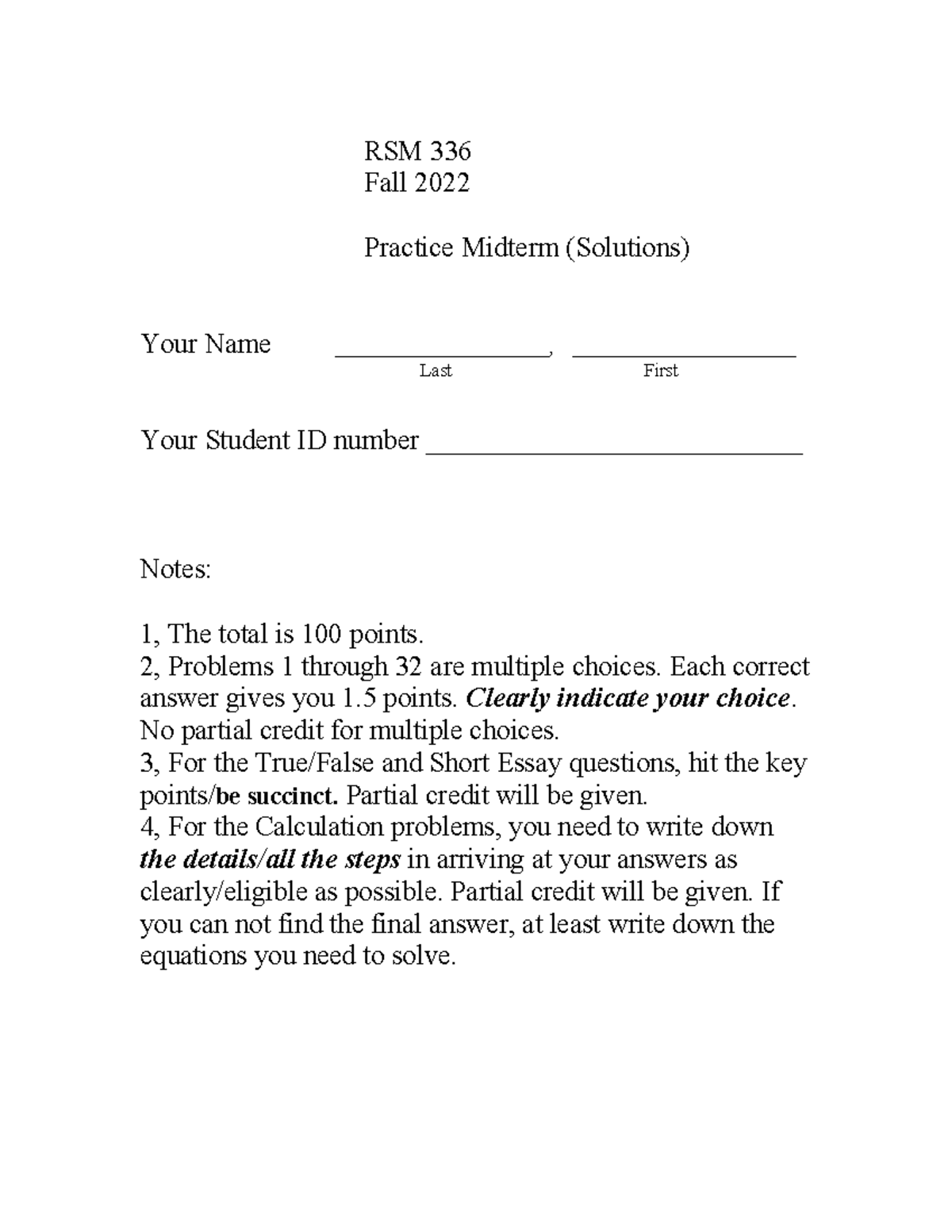 Practice midterm solution - RSM 336 Fall 2022 Practice Midterm ... Practice midterm solution - RSM 336 Fall 2022 Practice Midterm ...