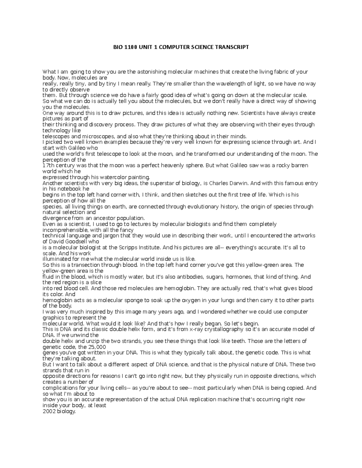 BIO 1100 UNIT 1 Computer Science Transcript - BIO 1100 UNIT 1 COMPUTER ...