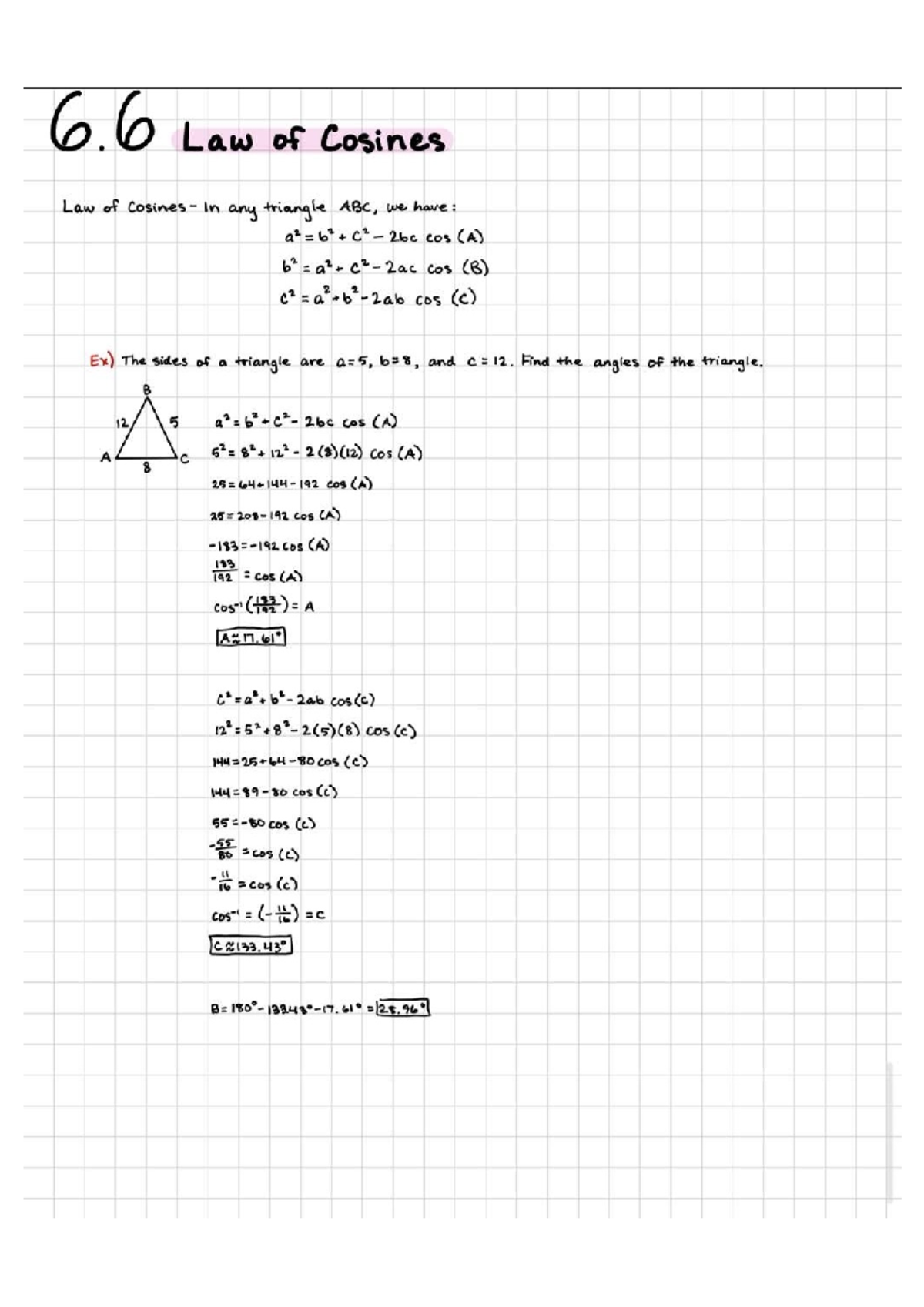 Law of Cosines- Examples and Notes - MATH 1650 - Studocu