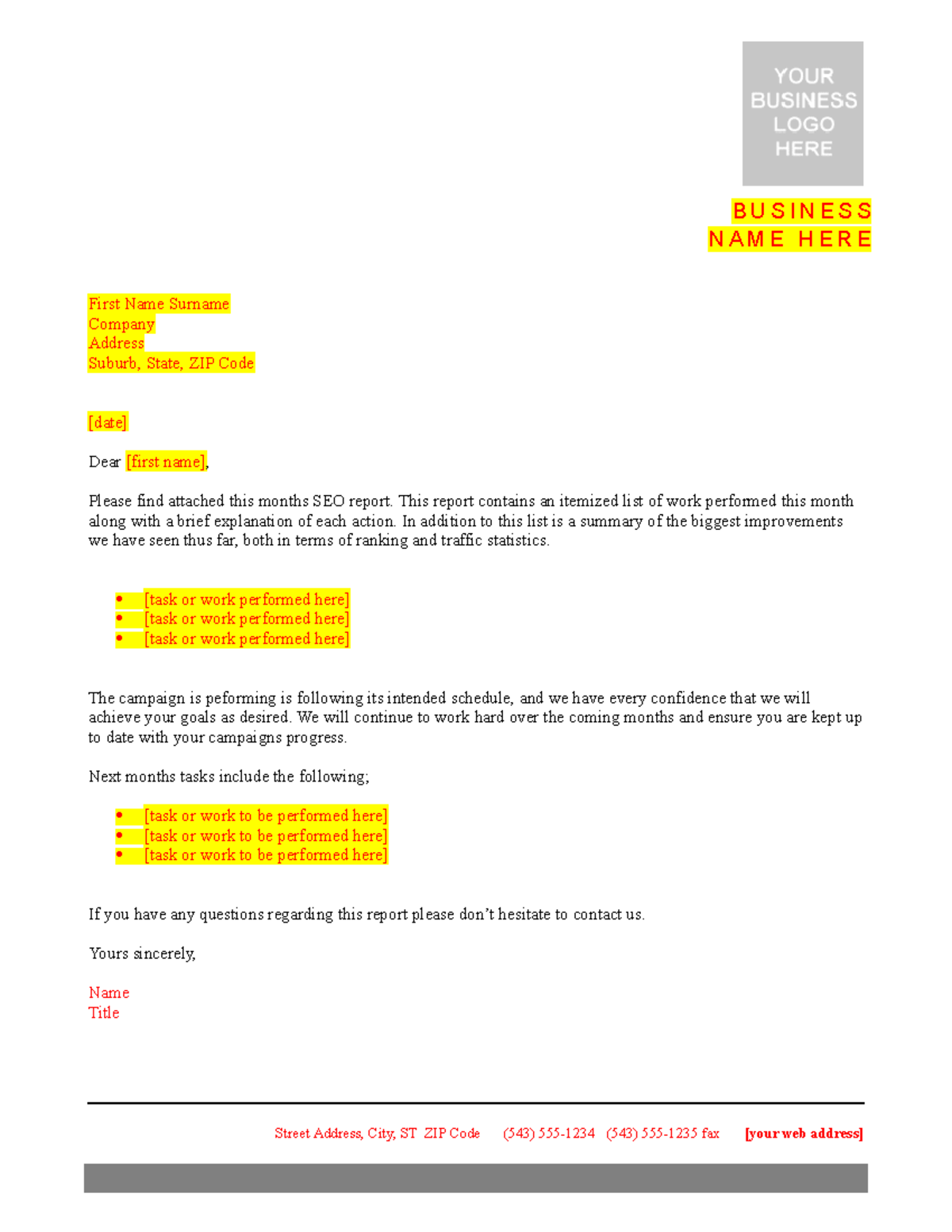 Monthly Report Email Template First Name Surname Company Address