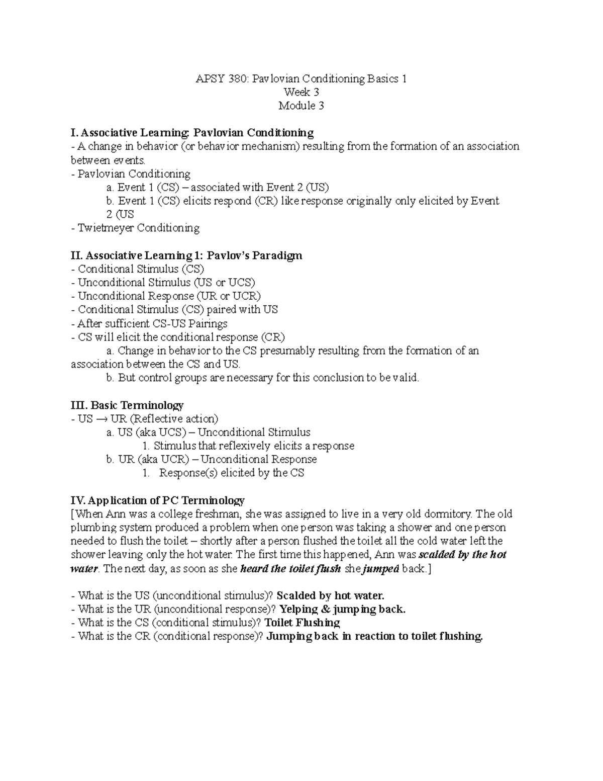 Week 3 Module 3 Notes - APSY 380: Pavlovian Conditioning Basics 1 Week ...