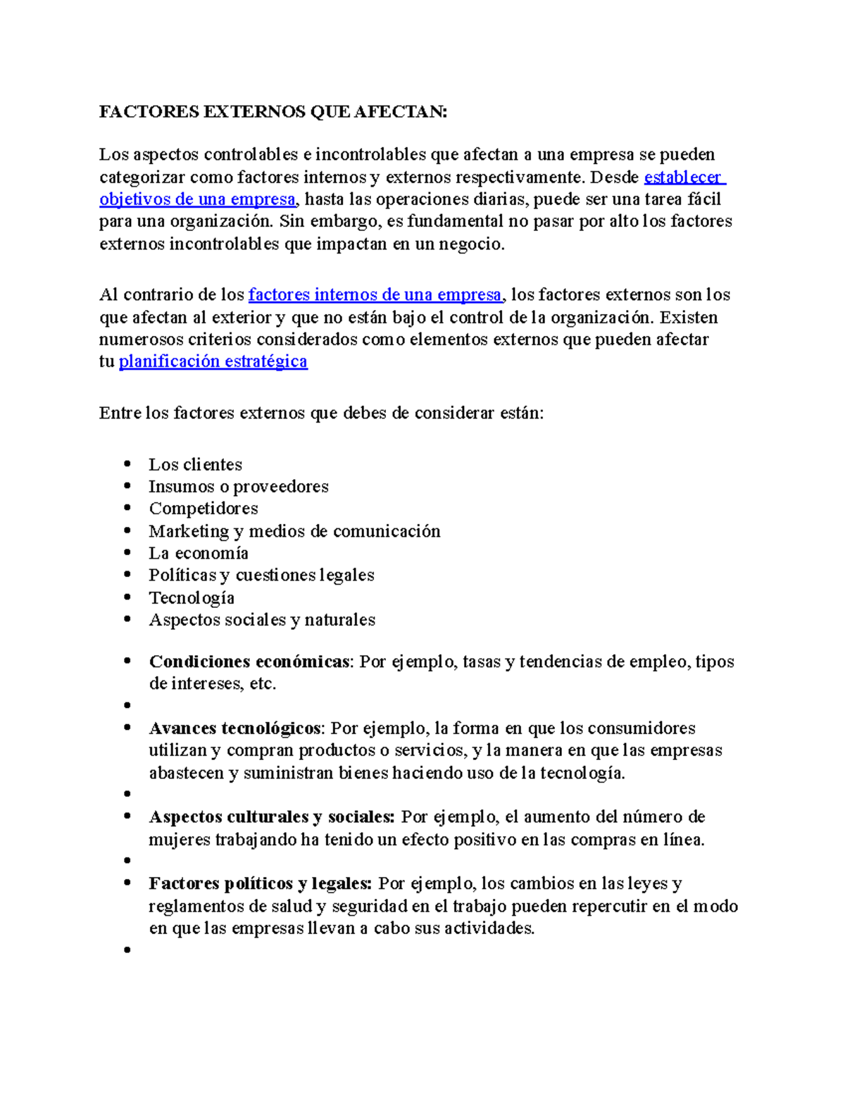 Factores Externos QUE Afectan 1 - FACTORES EXTERNOS QUE AFECTAN: Los ...