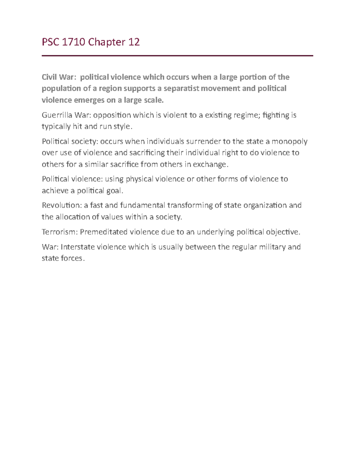 Chapter 12 PSC 1710 - PSC 1710 Chapter 12 Civil War: political violence ...