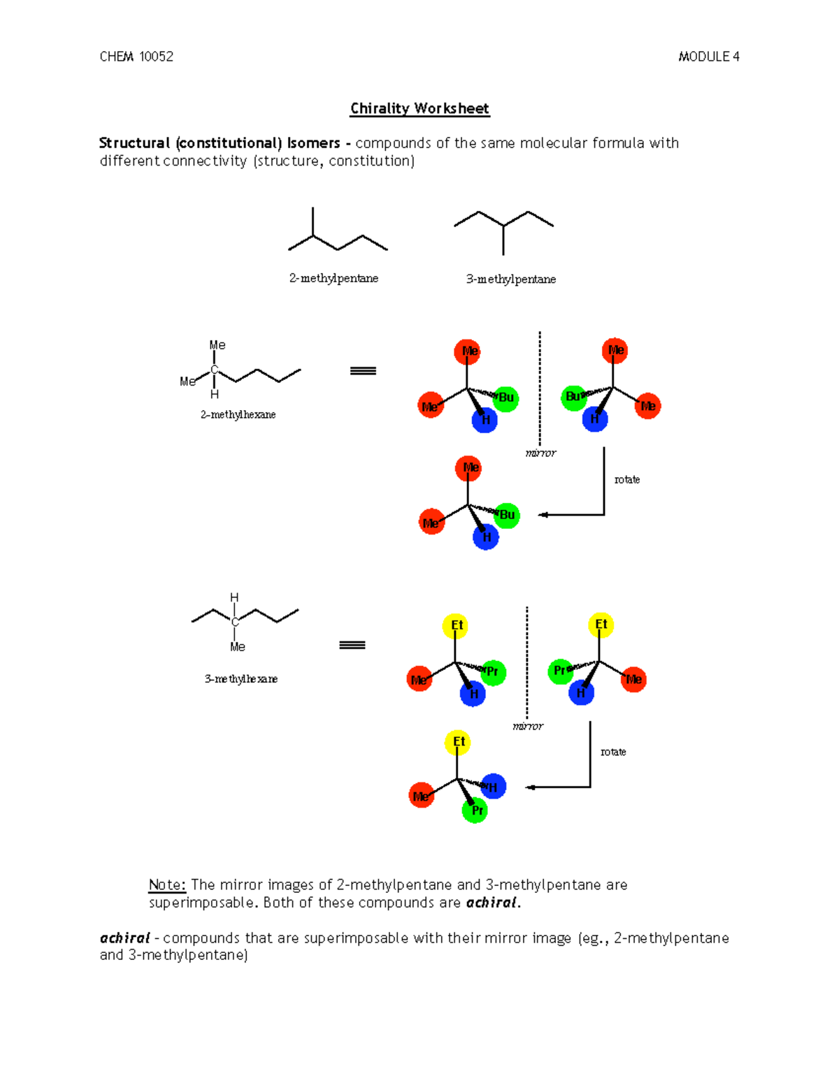 Chirality Worksheet - CHEM 10052 MODULE 4 IntroductionTo To ...