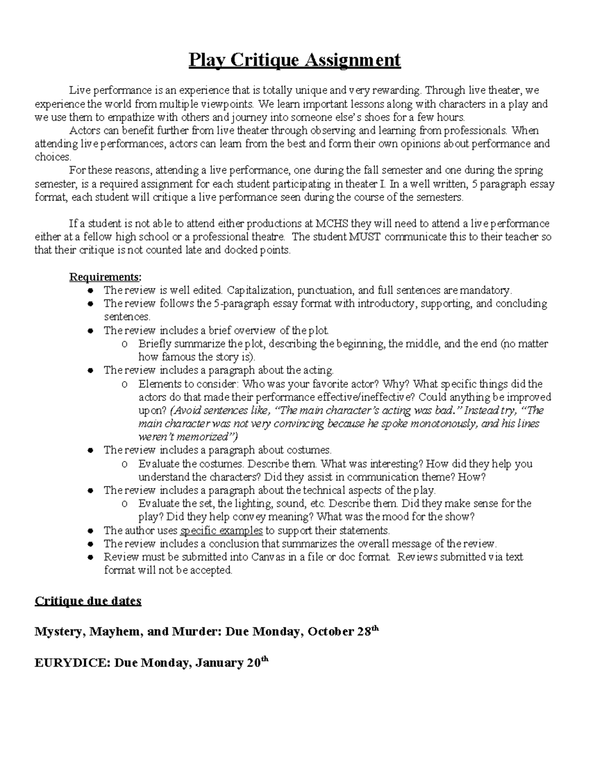 Play Critique outline and rubric - Play Critique Assignment Live ...