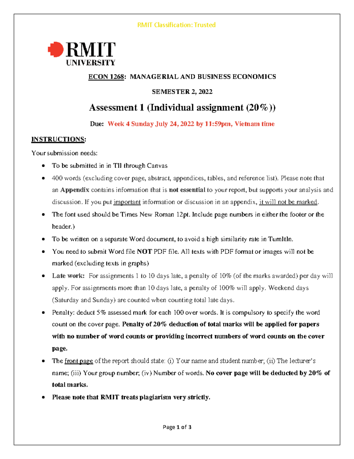 Assessment-1 S2-2022 final - Page 1 of 3 RMIT Classification: Trusted ECON 1268: MANAGERIAL AND ...