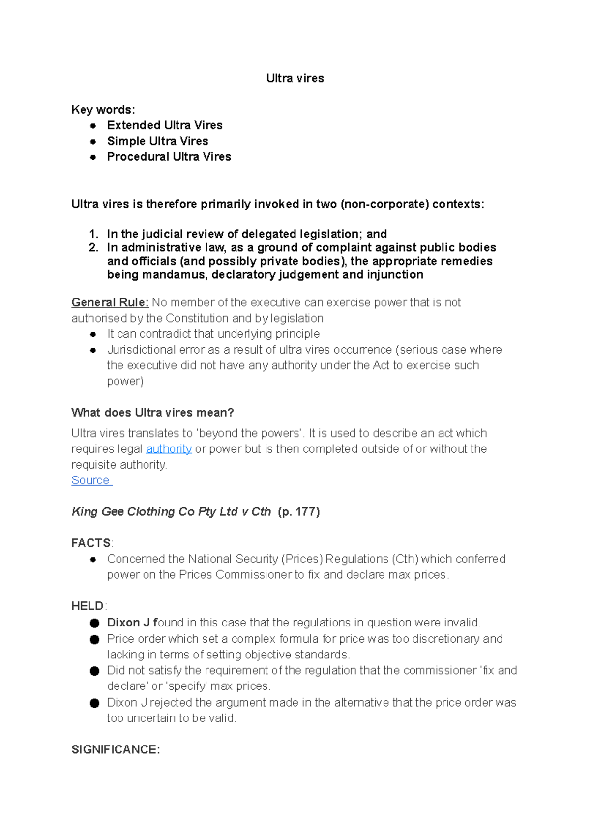 Week 6 Ultra Vires - Weekly notes - Ultra vires Key words: Extended ...