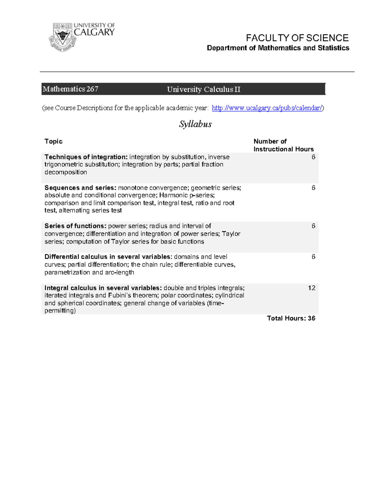 MATH267-syllabus-2018 - FACULTY OF SCIENCE Department of Mathematics ...