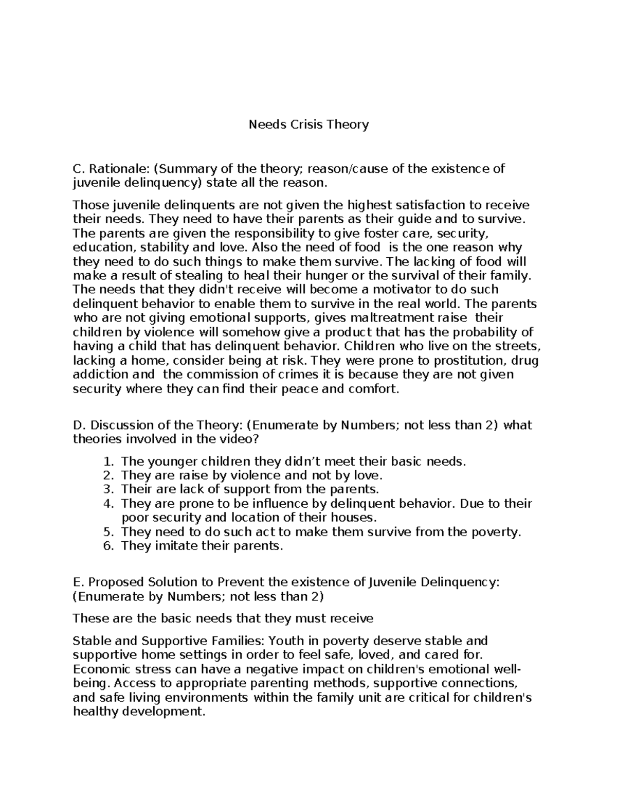 Create a theory - Needs Crisis Theory C. Rationale: (Summary of the ...