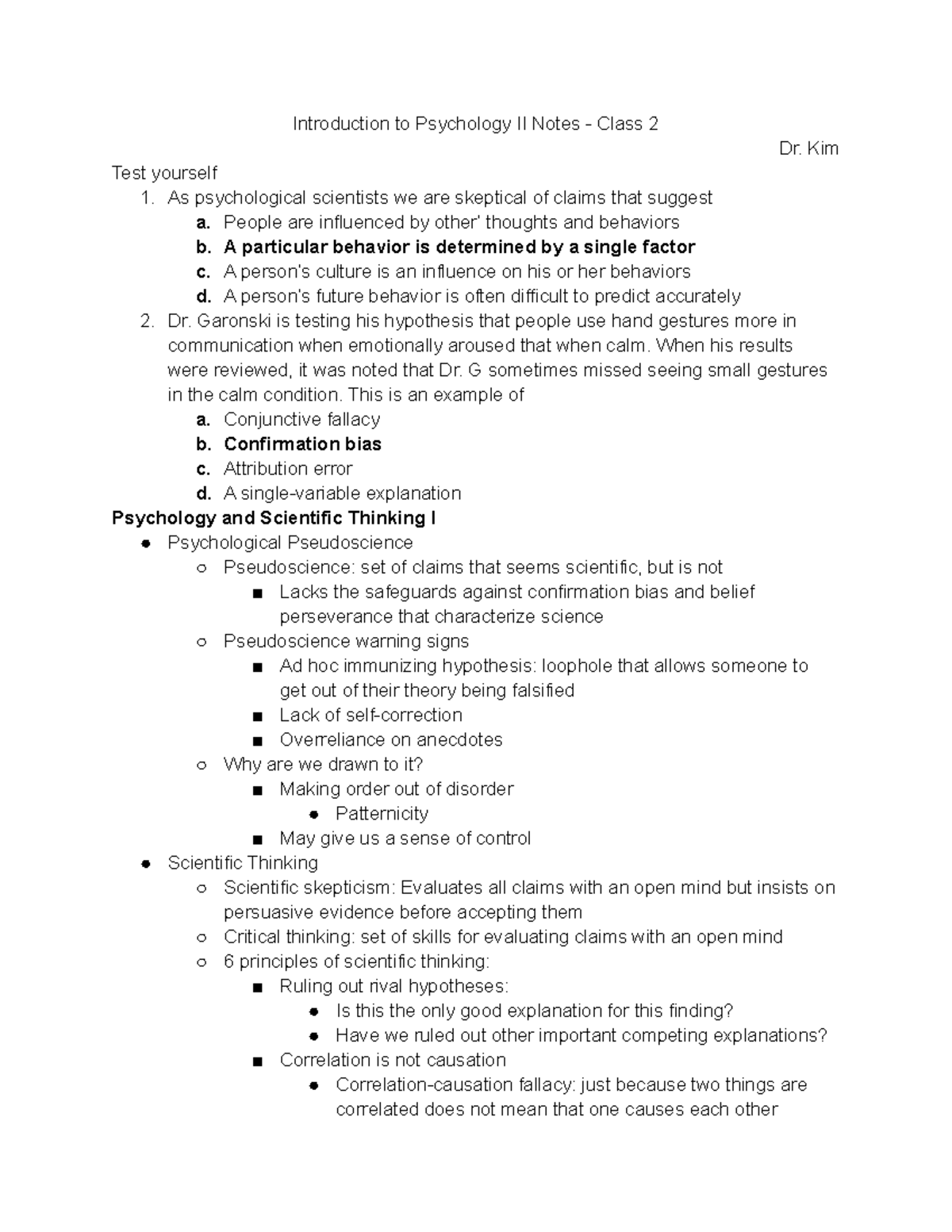 Introduction to Psychology II Notes Class 2 - Introduction to ...