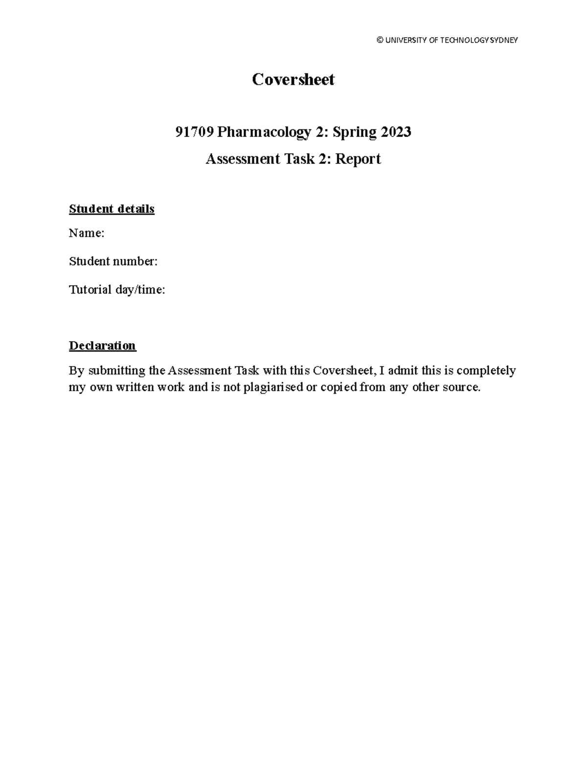 Assessment Task Report Spring 2023 rubric - Coversheet 91709 ...