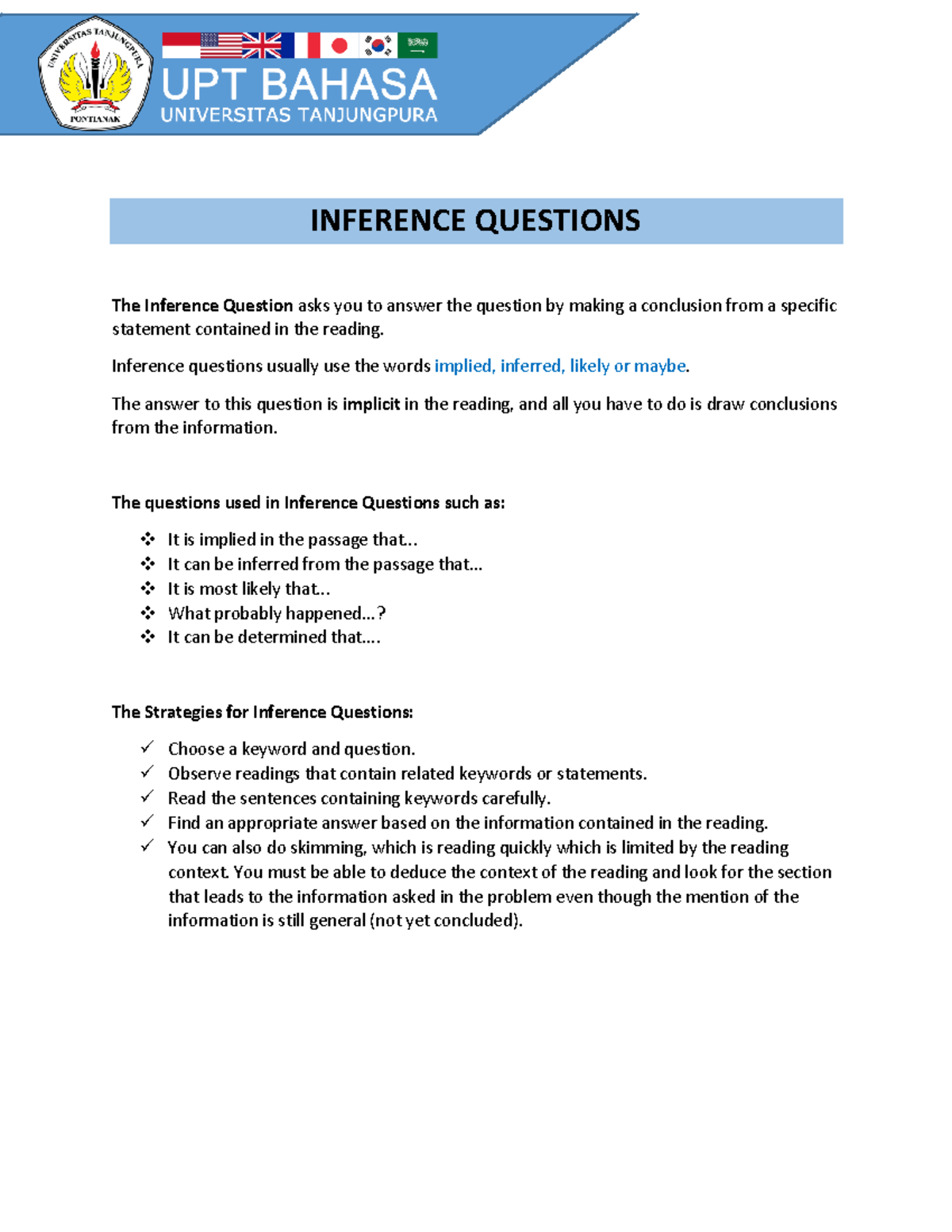 1 Inference Questions - Inference questions usually use the words ...