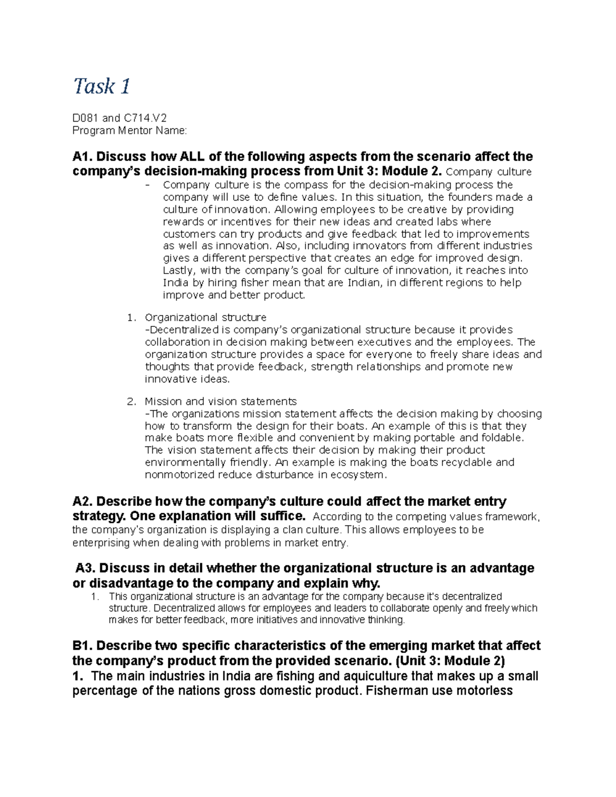 D081 Task1 For Innovate & Start Thinking - D081 - WGU - Studocu