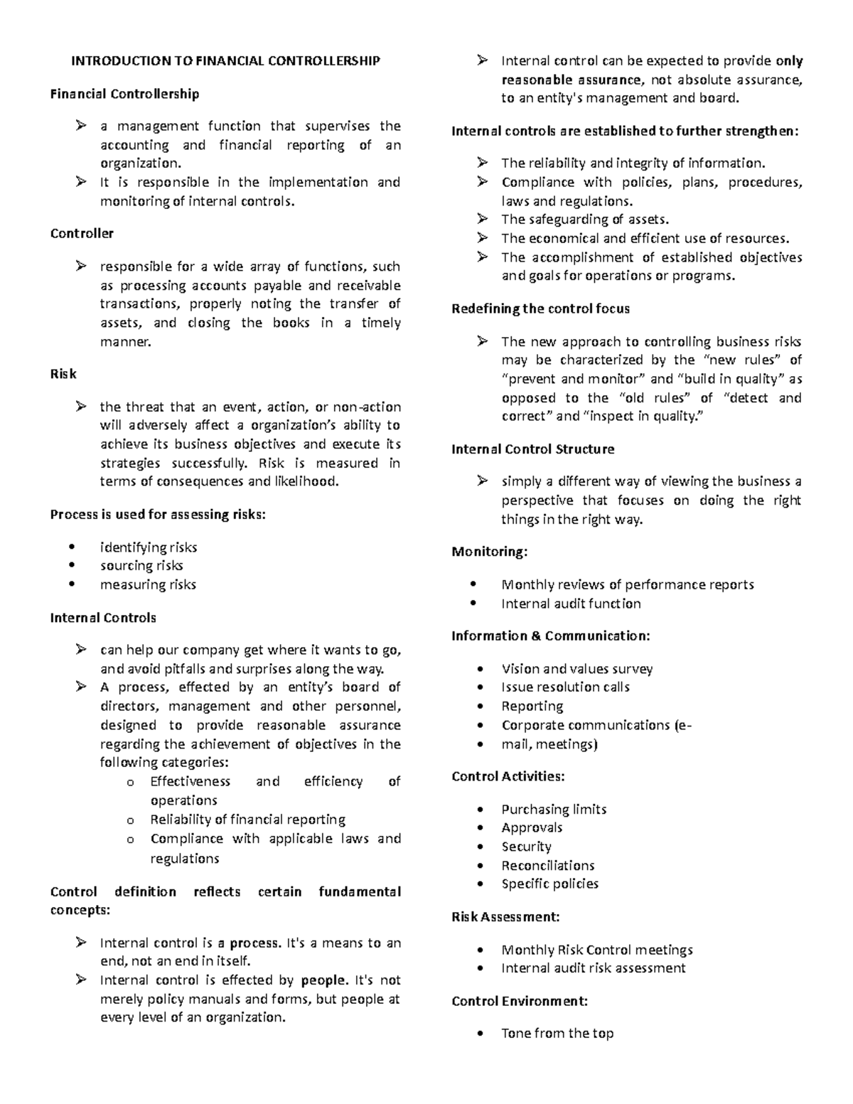 Reviewer-FC - None - INTRODUCTION TO FINANCIAL CONTROLLERSHIP Financial ...