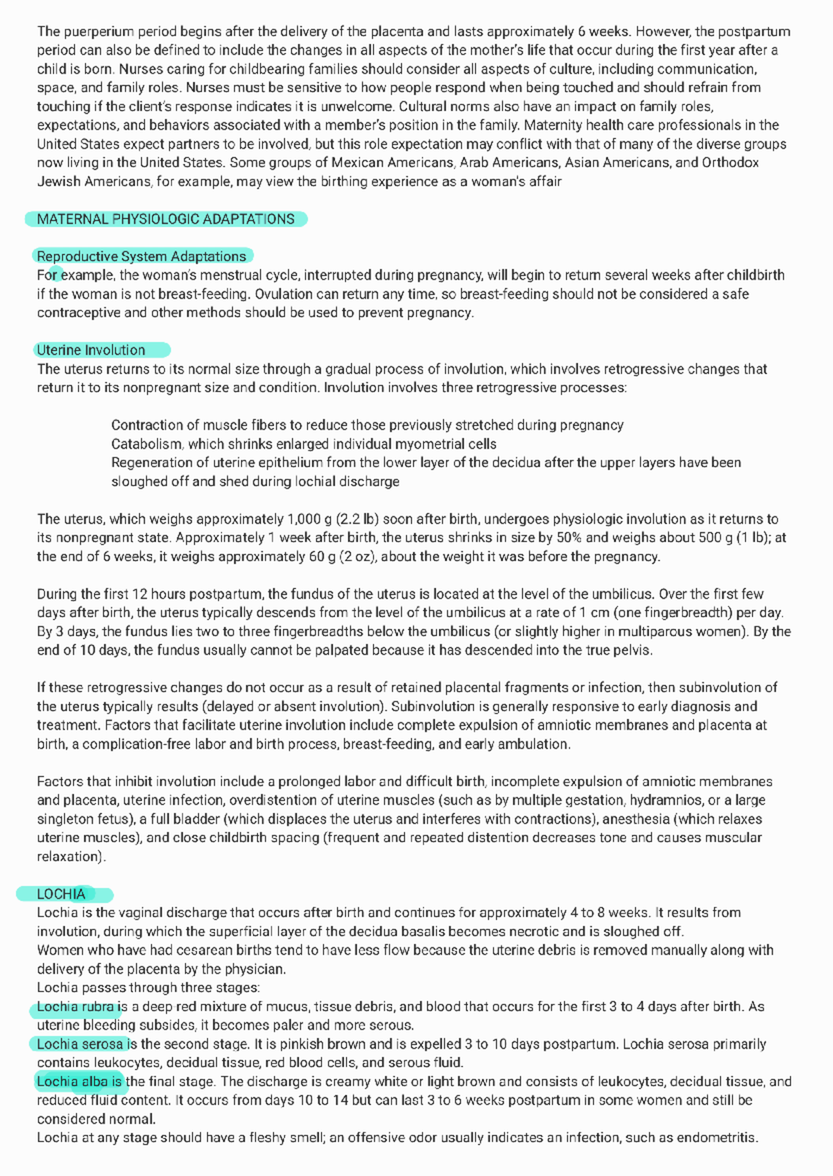Postpartum Adaptations Womens Health - Nurs 110 - Studocu