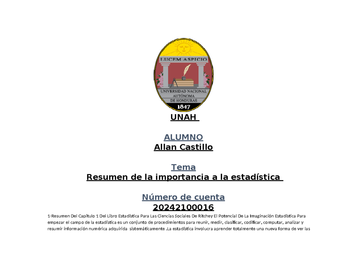 Resumen socio - ensayo - UNAH ALUMNO Allan Castillo Tema Resumen de la ...