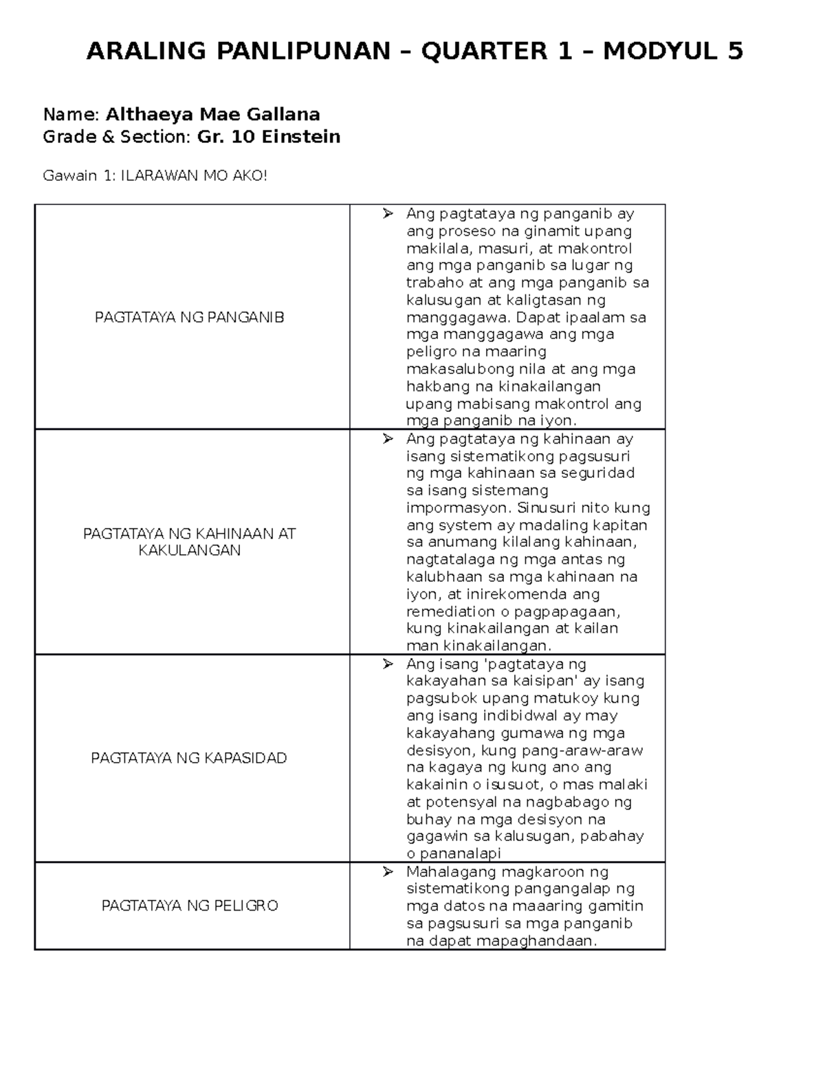 Araling Panlipunan – Quarter 1 – Modyul 5 - ARALING PANLIPUNAN – QUARTER 1 – MODYUL 5 Name ...
