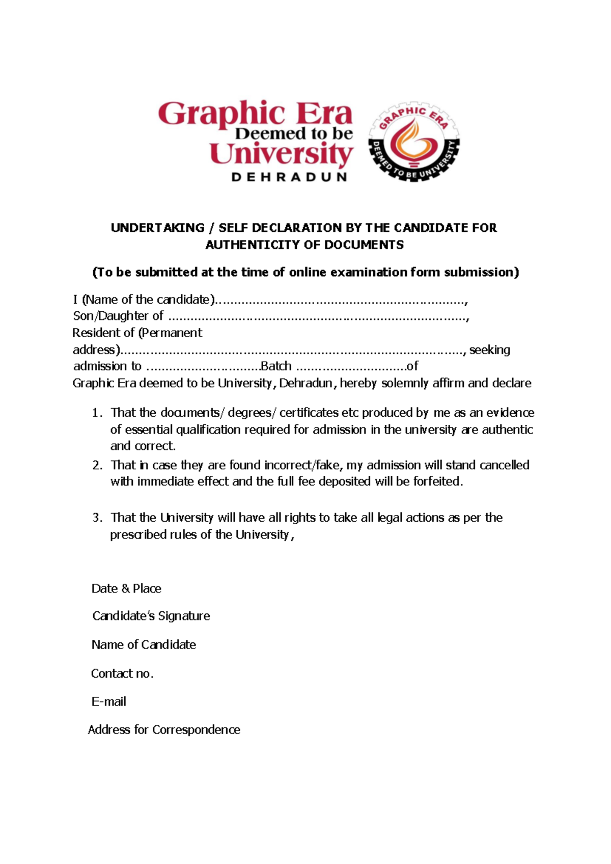 GEU Under Taking - UNDERTAKING / SELF DECLARATION BY THE CANDIDATE FOR ...