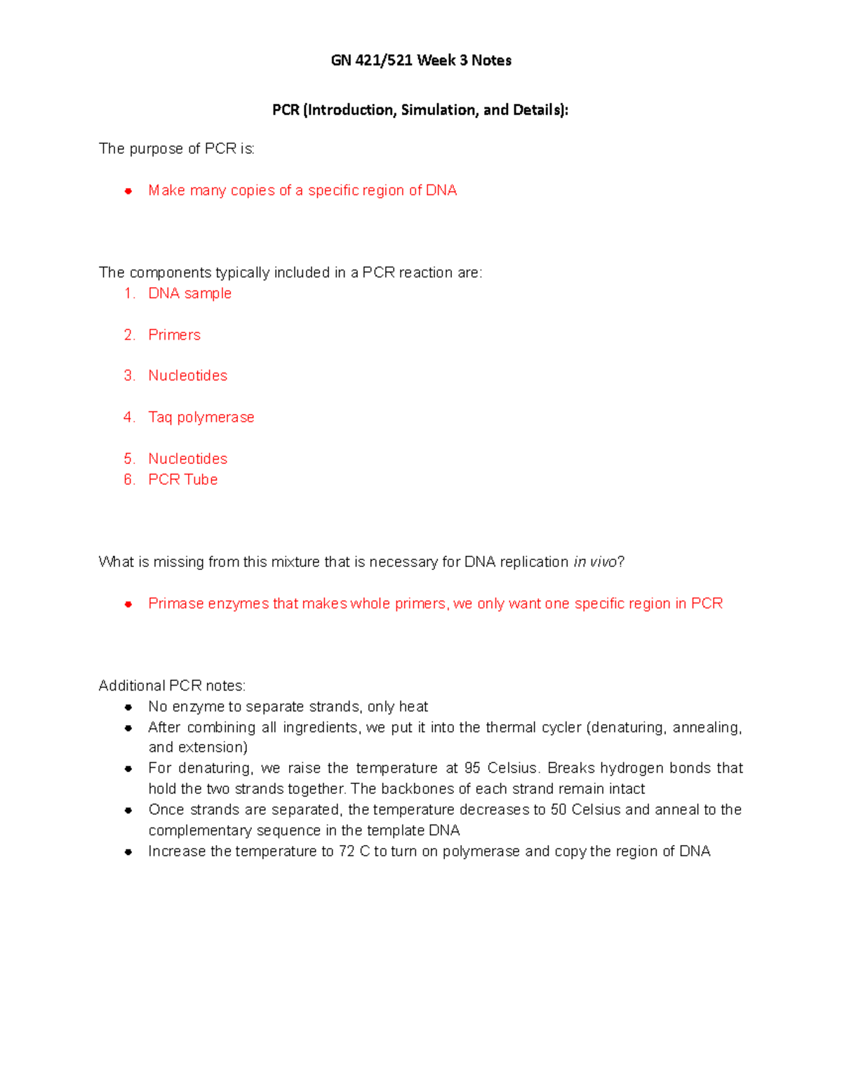 Copy of GN 421 521 Week 3 Notes - PCR (Introduction, Simulation, and ...