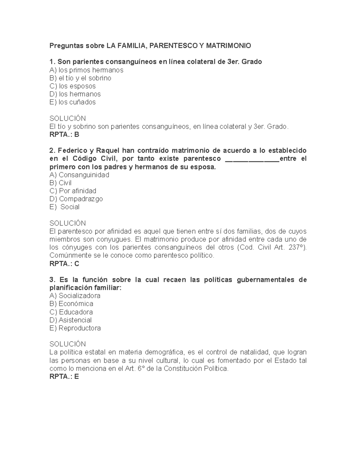 Preguntas de cívica - Preguntas sobre LA FAMILIA, PARENTESCO Y ...